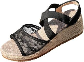 Generic Compensé Sandales Femme Été Espadrille Dentelle Elegant Bout Ouvert Sandales Extérieur Antidérapant Élasticité Bride Cheville Légères Chaussures Décon