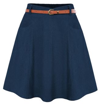 Belle Poque Herbst R&ouml;cke f&uuml;r Frauen Eleganter Cordrock mit G&uuml;rtel Hoch taillierte R&ouml;cke f&uuml;r den t&auml;glichen Gebrauch Marineblau BP0828-05 S