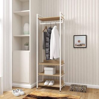 Woltu Kleiderst&auml;nder mit Regal Kleiderschrank Offener mit Schuhregal Garderobenst&auml;nder f&uuml;r Schlafzimmer, Holz und Stahl, Hell Eiche+wei&szlig; - Woltu