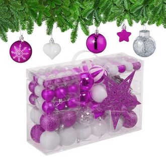 Relaxdays Weihnachtskugeln 101er Set, Kunststoff, Weihnachtsbaumdeko mit Kugeln & Spitze, Christbaumschmuck, pink/wei&szlig;