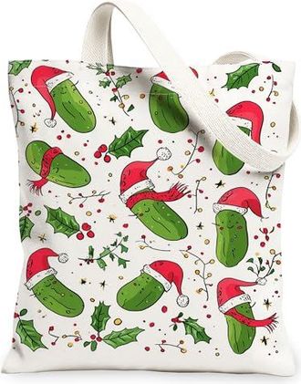 Generic Sacs fourre-tout en toile motif cornichon de No&euml;l, sacs d&eacute;picerie r&eacute;utilisables, l&eacute;gers et lavables avec bandouli&egrave;re en toile pour, vert, 13x15 Inch