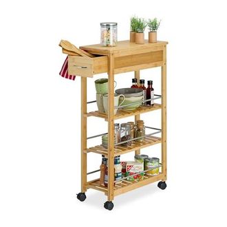 Relaxdays K&uuml;chenwagen, Bambus, Schublade, 3 Ablagen, Gew&uuml;rze, Vorr&auml;te, HBT: 86,5 x 25 x 50,5 cm, Rollwagen, natur/silber