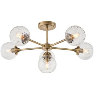 Endon Lighting Allegra Plafonnier semi-affleurant &agrave; 6 bras multiples avec abat-jour en verre et laiton antique