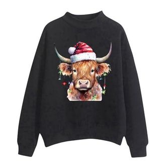 Generic Pull de Noel Femme Grande Taille Pull Noel Moche Sweatshirt a Col Rond pour Femme Imprimé Vache des Highlands Noël