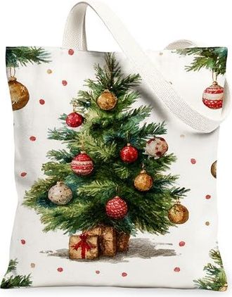 Generic Sacs fourre-tout festifs en toile, motif sapin de No&euml;l vintage, sacs de courses r&eacute;utilisables, l&eacute;gers et lavables avec bandouli&egrave;re pour les vacances, 