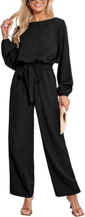 Cupshe Combinaison pour femme col bateau manches longues jambes larges dos fendu ceinture &eacute;l&eacute;gante, Noir, M