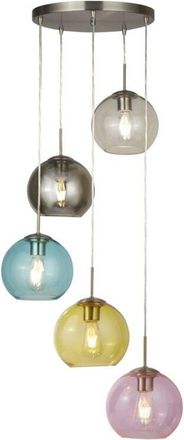 Searchlight Searchlight - Mardi Gras - Pendentif &agrave; 5 grappes de lumi&egrave;re argent satin&eacute;, bleu, fum&eacute;, jaune, rose, E27