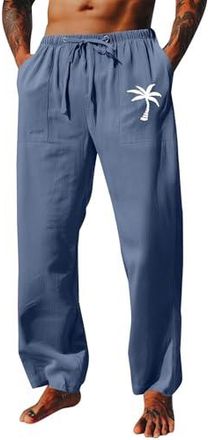 Generic Pantalon d&eacute;t&eacute; en lin respirant pour homme - Pantalon de plage blanc - Coupe ajust&eacute;e - Taille &eacute;lastique - Pantalon de jogging pour homme - Pantalon de 