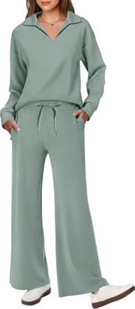 Generic Constituent Vêtements de voyage pour femmes, ensembles 2 pièces pour femmes, ensemble décontracté à manches longues, pantalon large, Vert pois, L