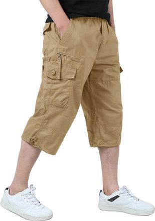 KEFITEVD Herren Cargo Hose M&auml;nner 3/4 Jagd Hose Kurze Sommerhose Capri Hose Vintage taktisch Shorts Sport Wanderhose Freizeitshorts Khaki EU 36, CN 3XL