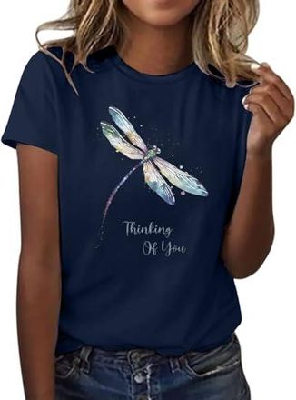 Generic T-shirt dété basique pour femme, motif libellule, col rond, en coton, basique, à manches courtes, décontracté, pour femme, coupe ample, mignon, chemis