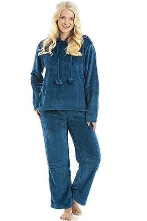 Camille Ensemble de pyjama en deux pi&egrave;ces super doux pour femme Camille | Capuche doubl&eacute;e sherpa | Pyjamas longs en polaire &eacute;paisse, haut et bas | Manches lon