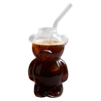 Generico 320 ml Glasbecher - 8,9 cm (3,5 Zoll) Blumenglas, Trinkbecher mit Bären-Strohhalm, auslaufsicher, Trinkbecher | verstellbare Eiskaffeetassen für Kinde