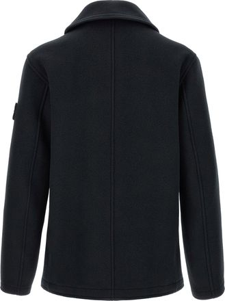 Stone Island Double-Breasted Cotton Coat - Navy