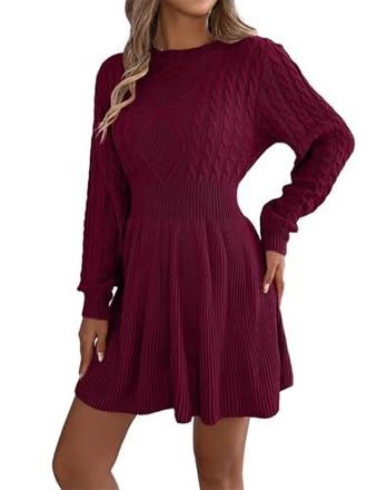 Generic Robe dautomne unie en tricot &agrave; taille courte cintr&eacute;e pour femme, col rond, manches longues, taille cintr&eacute;e, tenues tendance, Rouge, XL