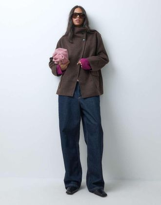 Asos formelle Harrington-Jacke mit Stehkragen und Karomuster in Braun