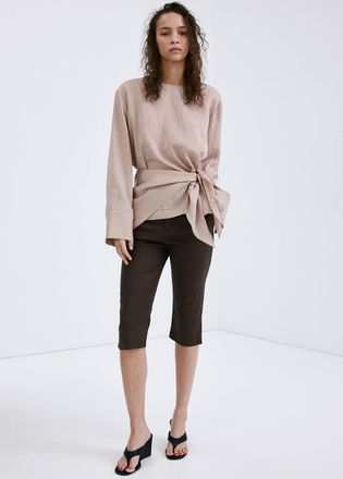 Mango Pantalon capri en lin chocolat - Femme - 32 - MANGO