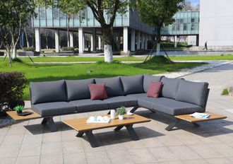 Mendler Aluminium Garten-Garnitur HWC-M62, Sitzgruppe Garten-/Lounge-Set Sofa, Holzoptik - Gestell anthrazit, Polster dunkelgrau
