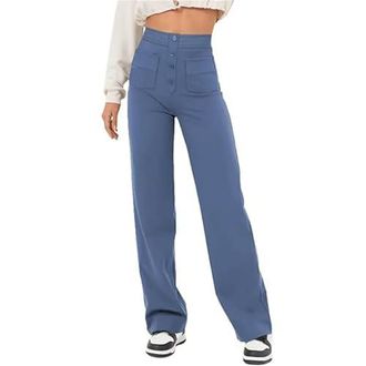 Generic Pantalon de travail extensible taille haute avec boutons pour femme, jambe droite, d&eacute;contract&eacute; et extensible, bleu, 3XL