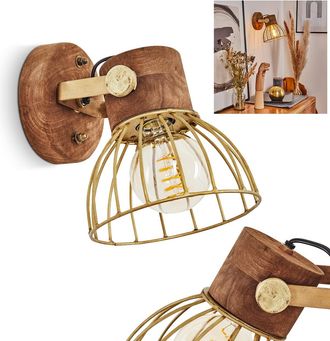 HOFSTEIN Wandleuchte Grunnfjord, Wandlampe im Vintage Design aus Holz/Metall in Natur/Godlfarben m. Lichteffekt, Schirm in Gitter-Optik, Leuchte m. Holzbalken 