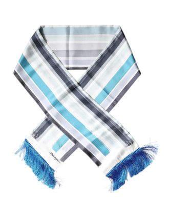 Dolce & Gabbana Mens White Blue Stripes Silk Fringes Wrap Scarf And