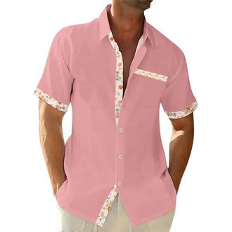 Generic Chemise hawa&iuml;enne boutonn&eacute;e en coton et lin &agrave; manches courtes pour l&eacute;t&eacute;, la plage, les vacances, les vacances, le printemps - Chemisier d&eacute;contract&eacute; av