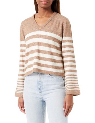 Vero Moda Damen Vmhurricane Ls V-Neck Pullover Ga Bf Pullover, Brown Lentil/Stripes:w. Birch, XS