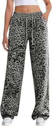 Generic Pantalon imprim&eacute; l&eacute;opard pour femme - Pantalon de pyjama &agrave; jambe large - Cordon de serrage - Coupe classique - Pantalon ample doux - Taille &eacute;lastique 