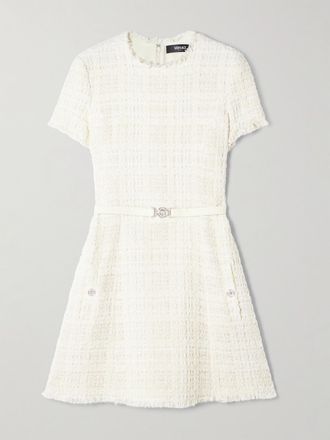 Versace Minikleid Aus Metallic-tweed Aus Einer Baumwollmischung Mit G&uuml;rtel - Wei&szlig;