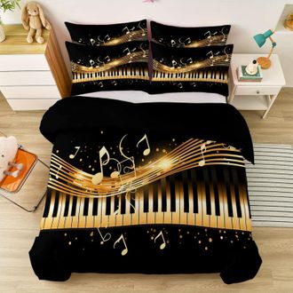 Generic Bettwäsche 200 x 200 cm Winter Flauschig Warme Bettbezug, Einfach Klavier Musiknoten Gedruckt Schwarz und Gold Bettwäsche-Sets mit Kissenbezug - Atmun