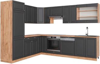 Vicco Eckküche Fame-Line, Anthrazit Landhaus/Goldkraft Eiche, 227 x 287 cm, AP Eiche