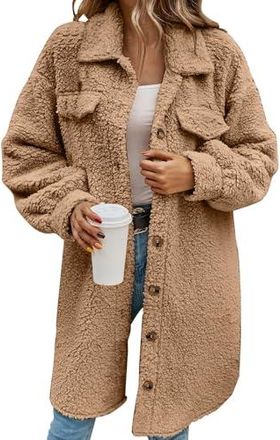 Generic Veste polaire pour femme - Élégante et longue - Veste dhiver moelleuse - Veste en peluche - Sweat-shirt à revers - Manches longues - Veste en peluche 