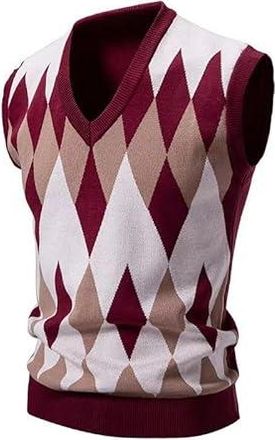 Generic D&eacute;bardeur tricot&eacute; pour homme - Pull sans manches &agrave; motif losanges - Col en V - Pull &eacute;pais et chaud sans manches - Coupe ajust&eacute;e - Pour le bureau - Dou