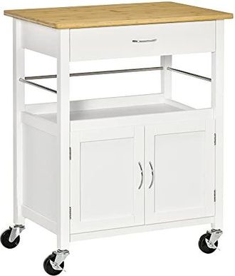 HOMCOM Desserte de Cuisine Multi-rangements - dim. 73L x 50l x 91H cm - poign&eacute;es m&eacute;tal MDF Blanc Plateau Bois Bambou Verni