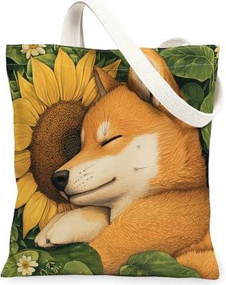 Generic Sac fourre-tout en toile motif chien Shiba Inu printemps 33 x 38,1 cm, motif tournesol, chiot feuille de tournesol, sac d&eacute;picerie r&eacute;utilisable, sac d&eacute;