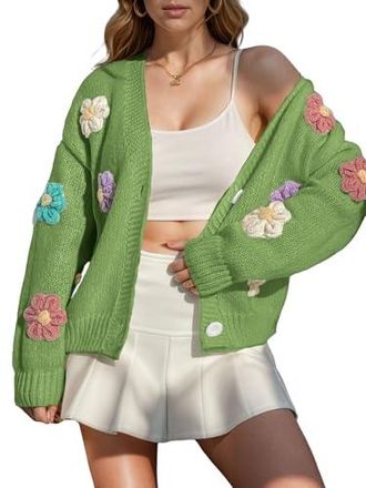Generic Cardigans en tricot c&ocirc;tel&eacute; pour femmes broderie esth&eacute;tique jolies fleurs appliques pull boutonn&eacute; manteau (Vert,Grand)
