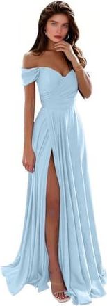 Generic Robe de demoiselle dhonneur avec &eacute;paules d&eacute;nud&eacute;es - Robe longue en satin pour bal - Robe corset A-ligne fronc&eacute;e - Robe de soir&eacute;e formelle pour femme -