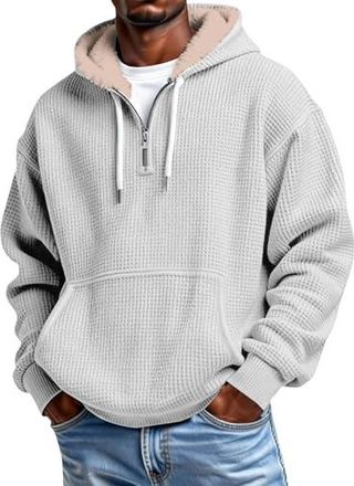 Generic Sweat &agrave; capuche pour homme avec fermeture &eacute;clair 1/4 - Confortable - Manches longues - Pull dext&eacute;rieur - Couleur unie - Pull en tricot - Haut d&eacute;contra