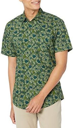 Amazon Essentials Chemise imprimée boutonnée à Manches Courtes pour Hommes, Coupe ajustée, Motif Fleur dhibiscus Olive, Taille S