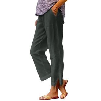 Generic Pantalon d&eacute;t&eacute; en coton et lin pour femme, pantalon court en coton et lin, taille &eacute;lastique, pantalon de d&eacute;tente l&eacute;ger &agrave; jambe droite avec poches, pant