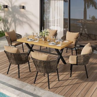 STILVORA Ensemble Table et Chaises avec 1 Table et 6 Chaises, pour 6 personnes et Ext&eacute;rieur, Fer, Polyester et Rotin PE, Kaki et Naturel