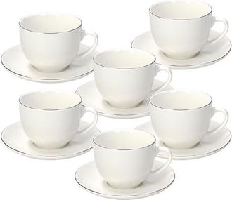 Tognana Platinum Band, Pack of 6 Tea Cups and Saucers, Porcelain, White