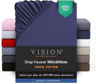 Vision Streetwear Drap Housse - 100% Coton Lit Double (160x200cm) - Bleu Marine | Coins &Eacute;lastiqu&eacute;s | Tissage Serr&eacute; | Convient aux Matelas Jusqu&agrave; 30cm | Confortable | La