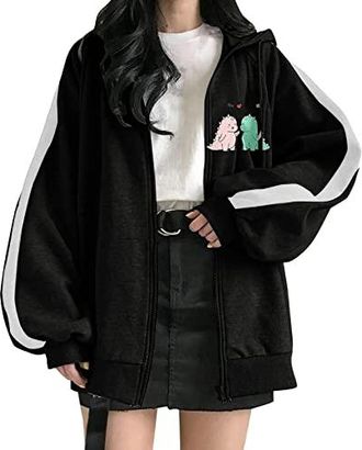 Generic Vestes d&eacute;contract&eacute;es &agrave; capuche pour femmes 2026 avec fermeture &eacute;clair et poche &agrave; cordon de serrage imprim&eacute; dinosaure, Noir, M