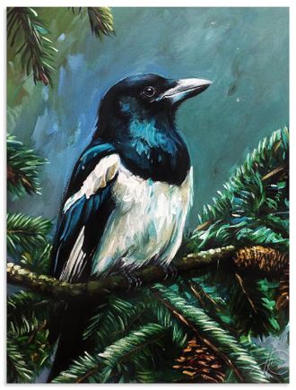 Artland Wanddeko Wandbild Alu Verbundplatte f&uuml;r Innen & Outdoor Bild aesthetic Natur Deko Tannenzweig Tiere Vogel Elster U6BS