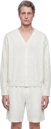 Hed Mayner Pinstriped V-Neck Shirt in Linen Cotton Poplin