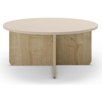 PEGANE Table basse, table de salon ronde aspect bois coloris cr&egrave;me - diam&egrave;tre 80 x Hauteur 38 cm