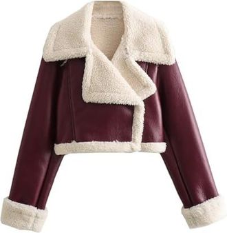 Generic Veste courte en cuir synthétique pour femme, manteau moelleux en peau de mouton, veste bomber courte chaude, manches longues avec fermeture éclair, vê