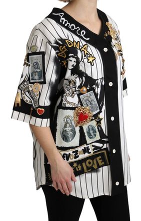 Dolce & Gabbana Womens White And Black Blouse Cotton Crystal Charms Amore Shirt