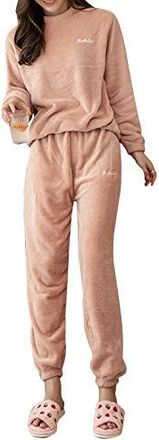 Minetom Femme Pyjama Ensemble Hiver Manche Longue Chaud Doux Toison Polaire Vêtements de Nuit Intérieur Deux Pièces Tops et Pantalon A Rose 44